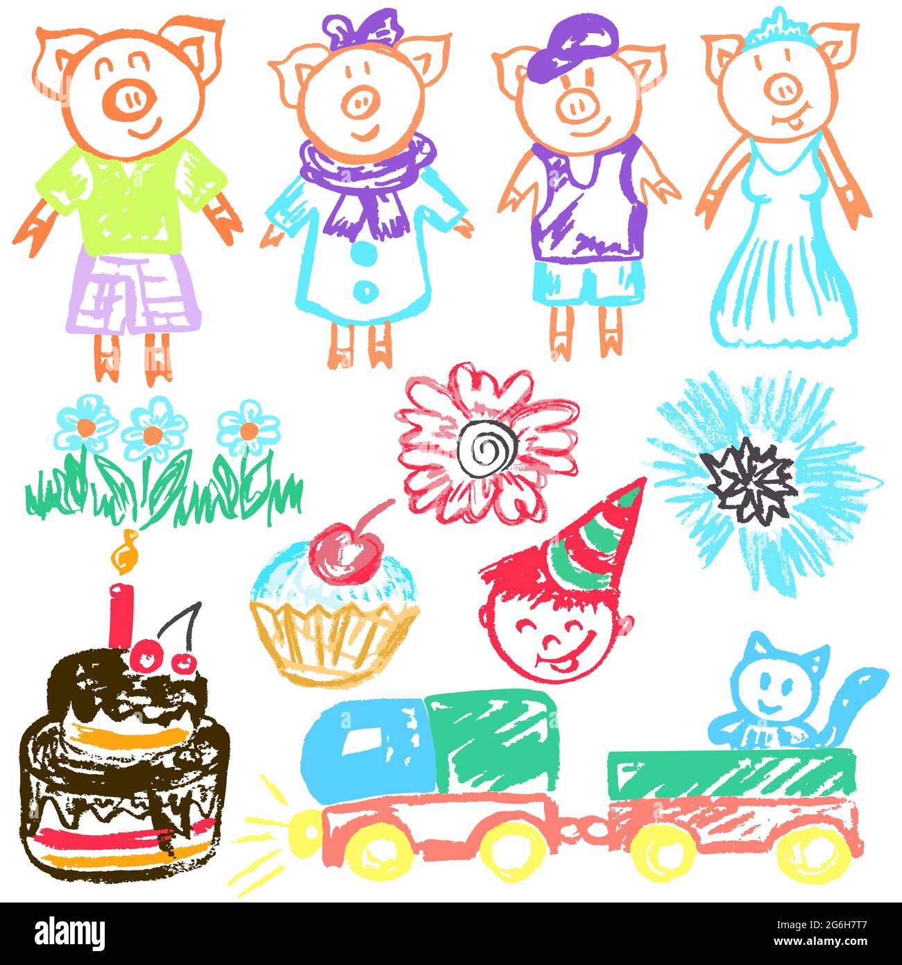 Cute childish drawing with wax crayons on a white background. Pastel ...