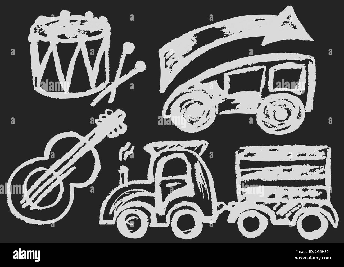 Cute childish drawing with white chalk on blackboard. Pastel chalk or ...