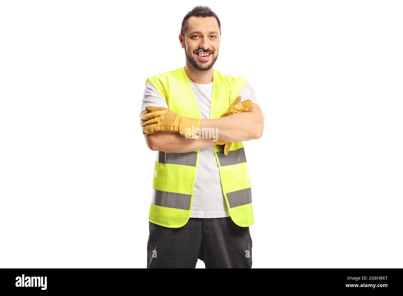 Smiling man waste collector in a uniform and gloves isolated on white ...