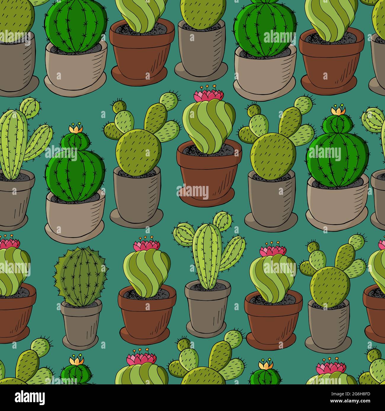 Seamless pattern of different cacti. Cute vector background of flowerpots. Tropical wallpaper in ...