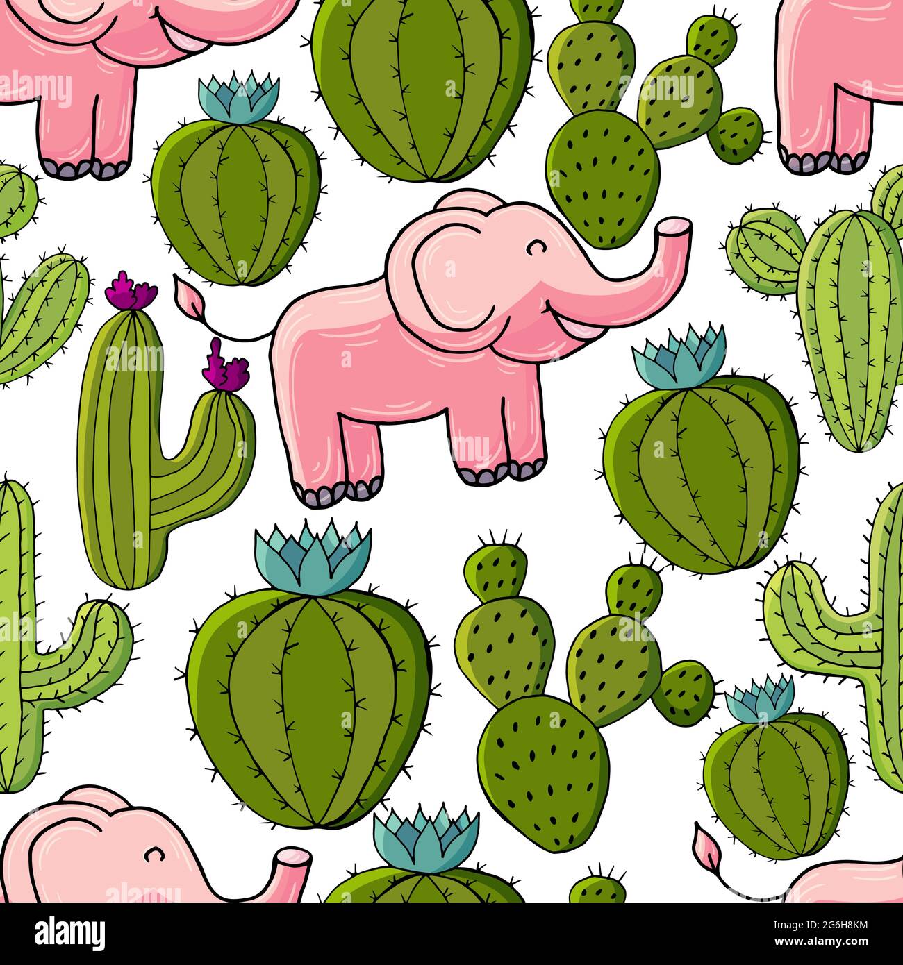 Seamless botanical illustration. Tropical pattern of different cacti ...