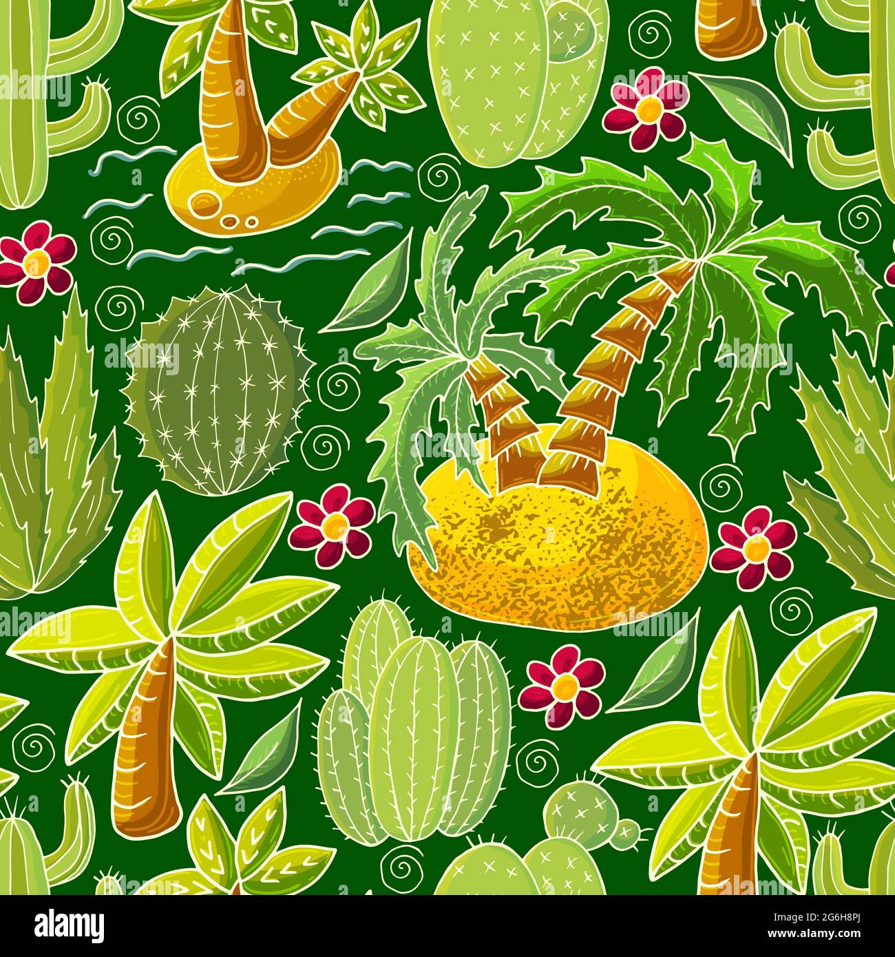 Seamless botanical illustration. Tropical pattern of various cacti ...