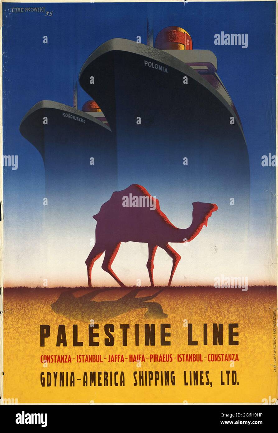 A vintage travel poster for the Palestine Line, part of Gdynia-America ...