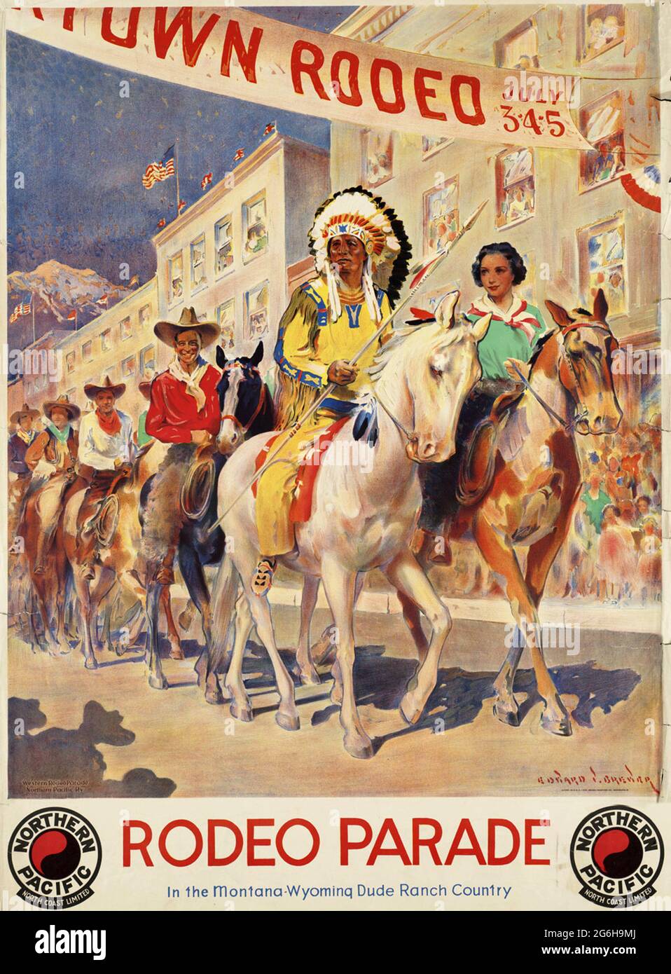 A vintage travel poster for a rodeo parade in Montana and Wyoming Stock ...