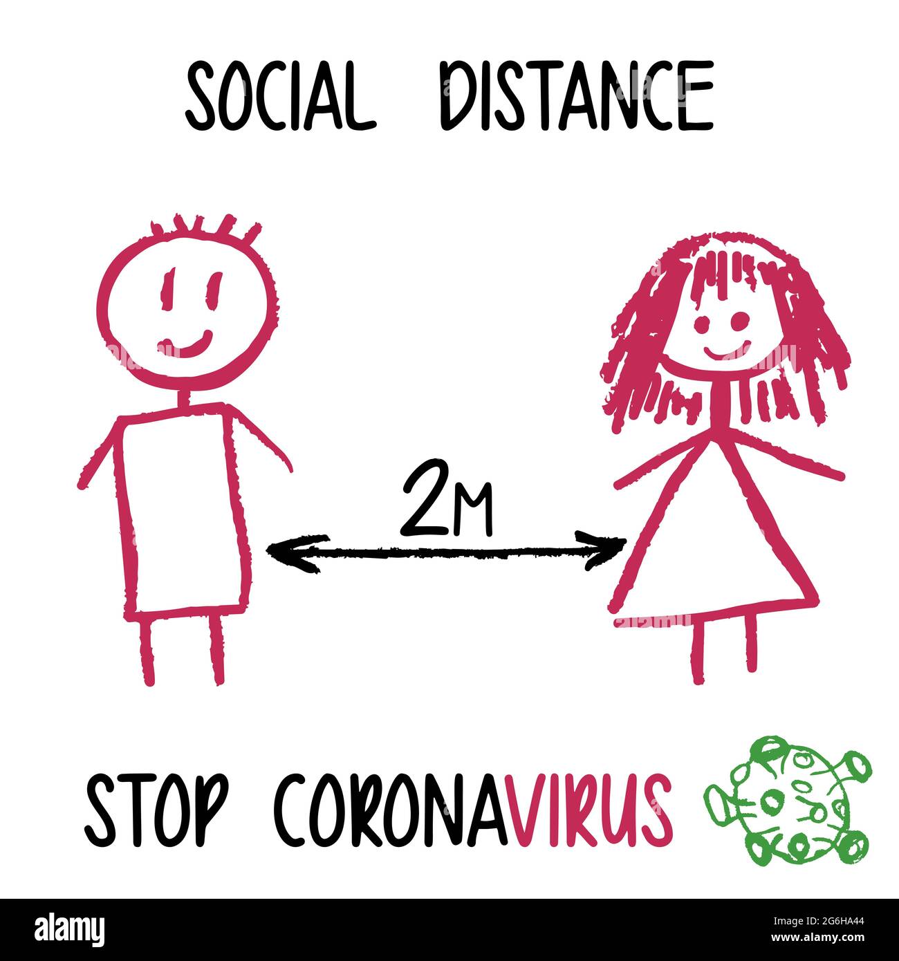 Children's drawing with wax crayons. Keep distance sign. Coronavirus ...