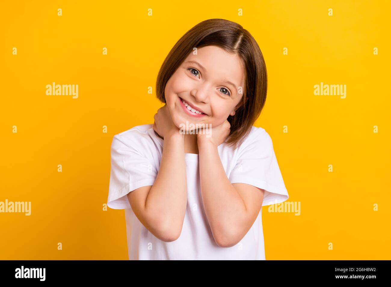 Photo portrait small schoolgirl smiling cheerful cute lovely isolated ...