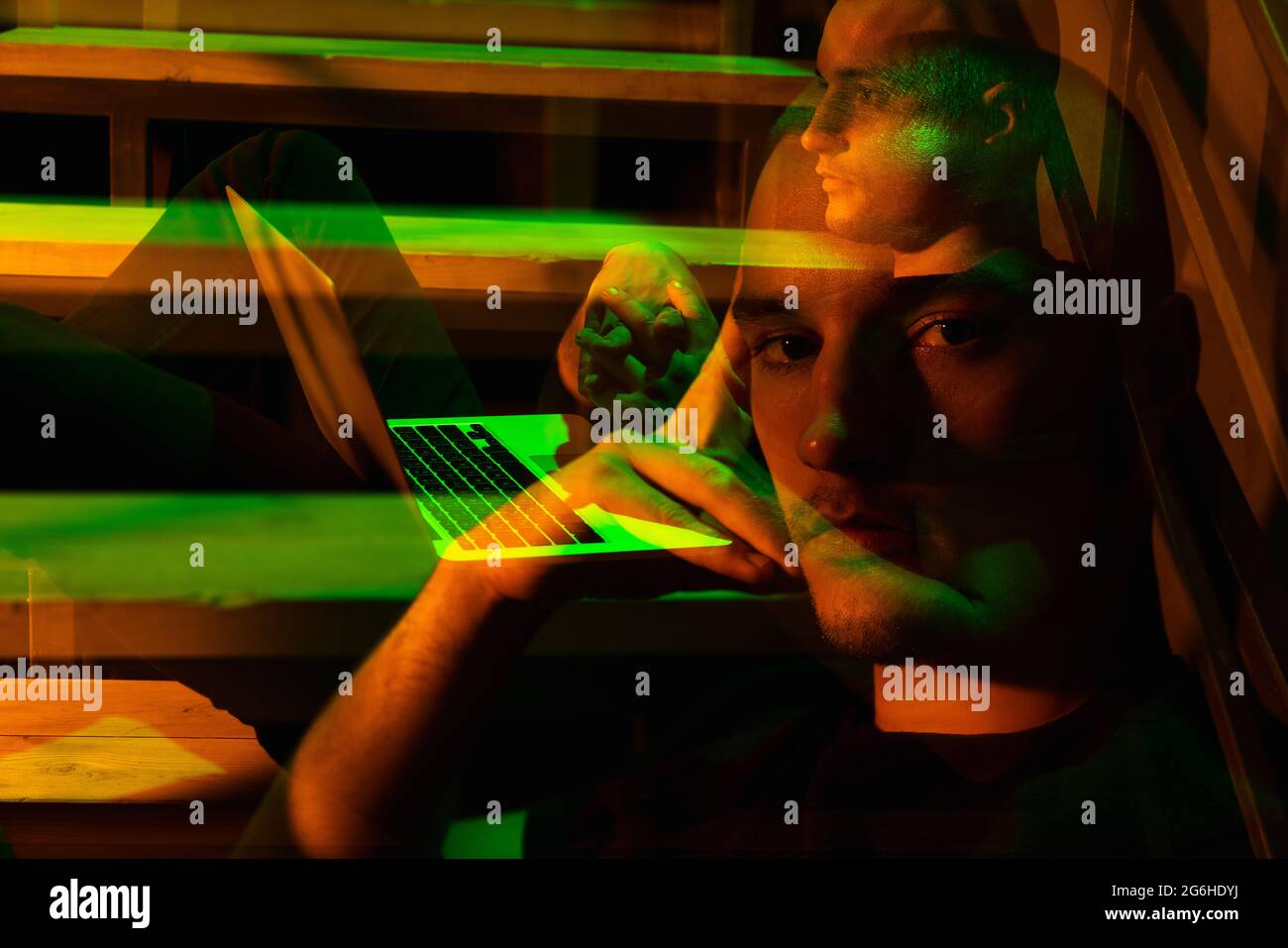 Cinematic portrait of handsome young man in neon lighted room, stylish ...