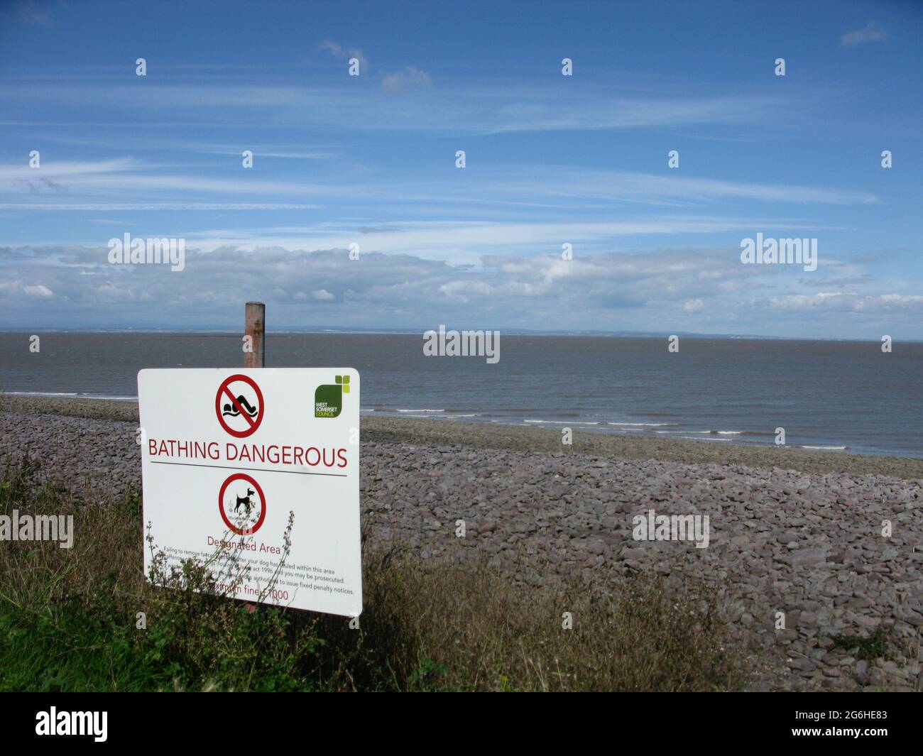 Bathing Dangerous beach sign. South west coast path. North Somerset ...