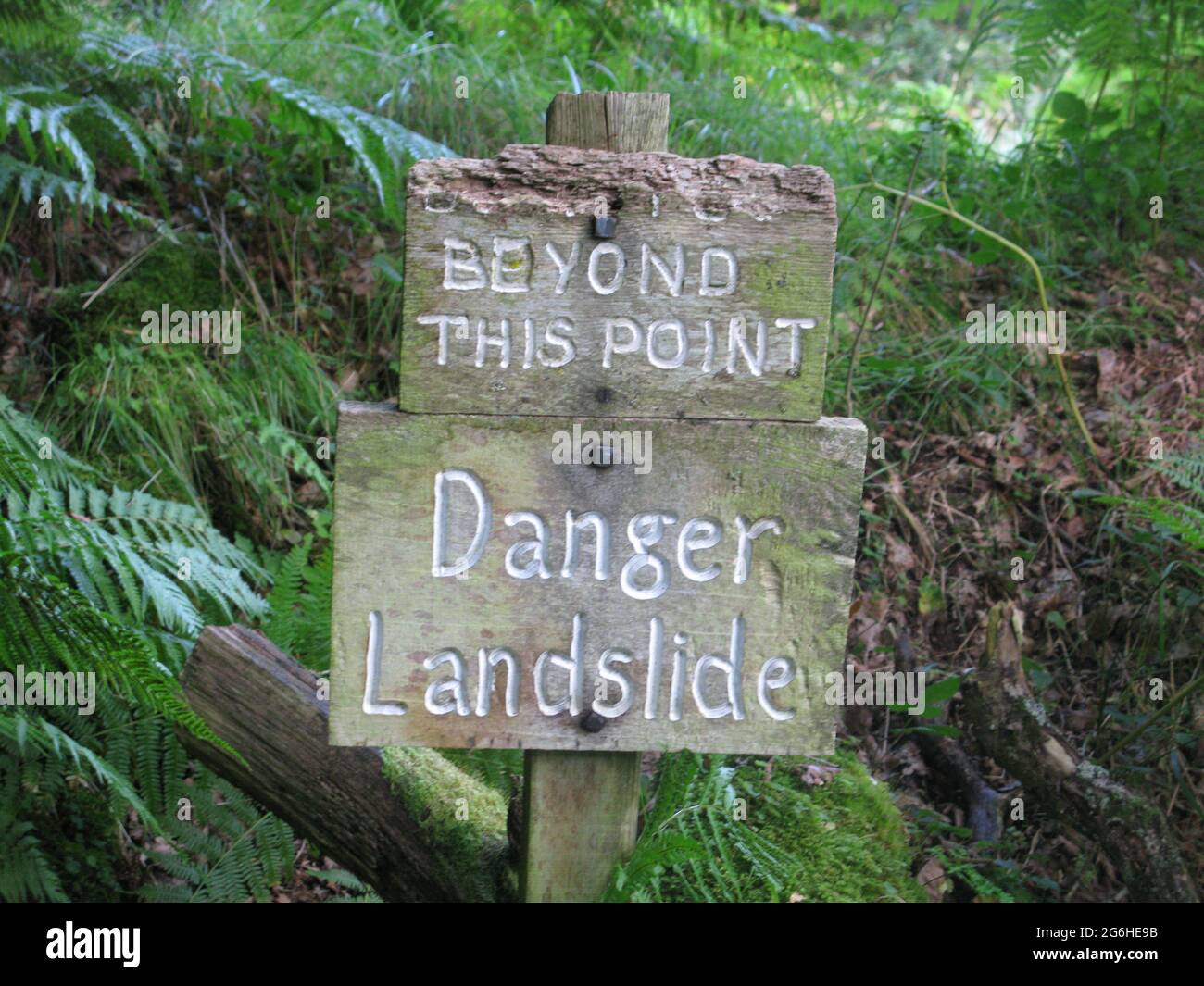Beyond this point danger landslide wood sign post. South west coast ...