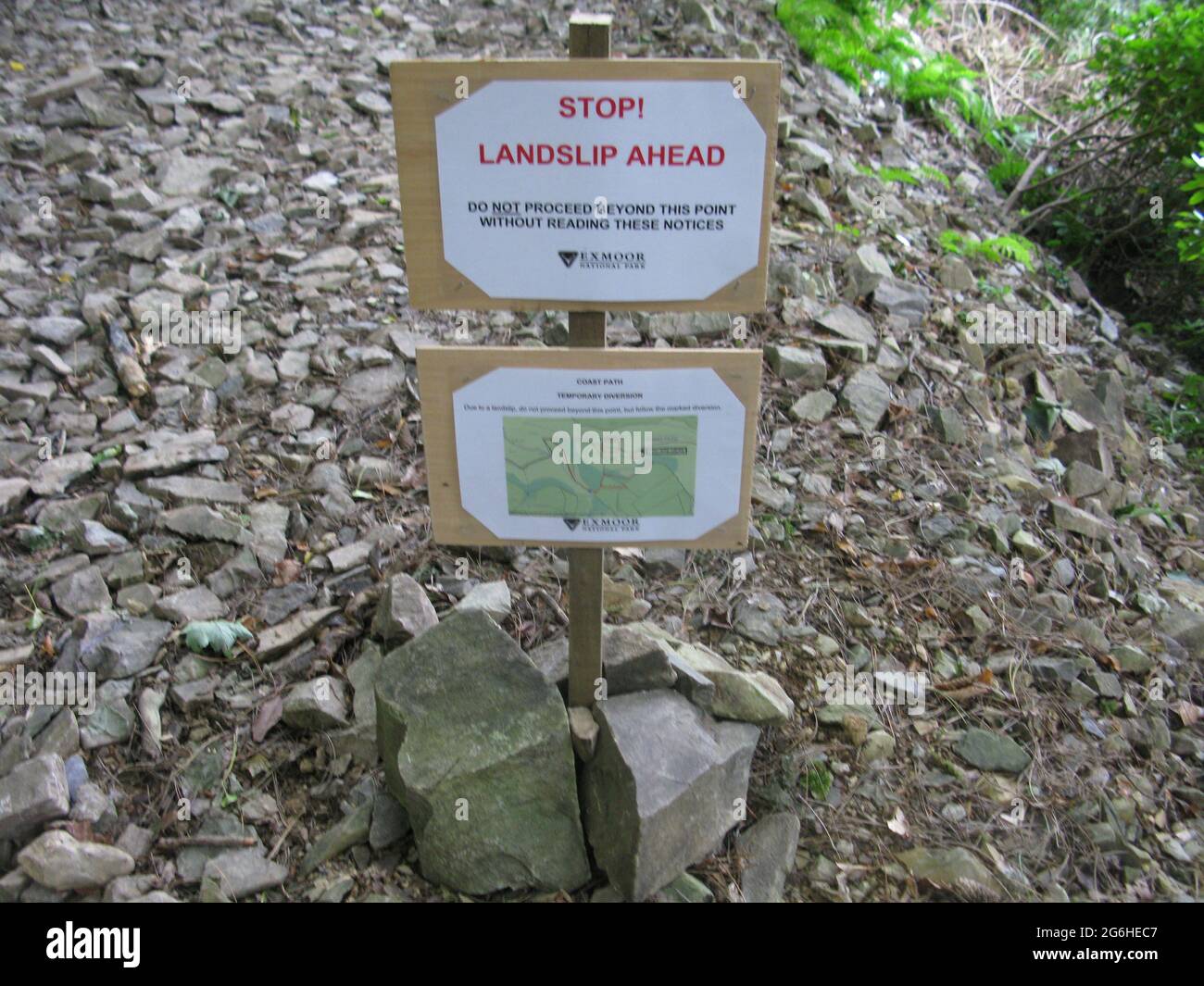 Stop landslip ahead sign. South west coast path. North Somerset. West ...