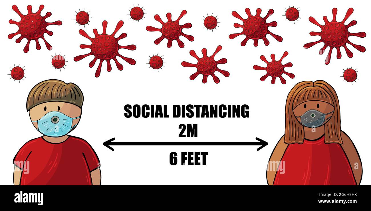 Cartoon man and woman observe social distance. Fight against ...