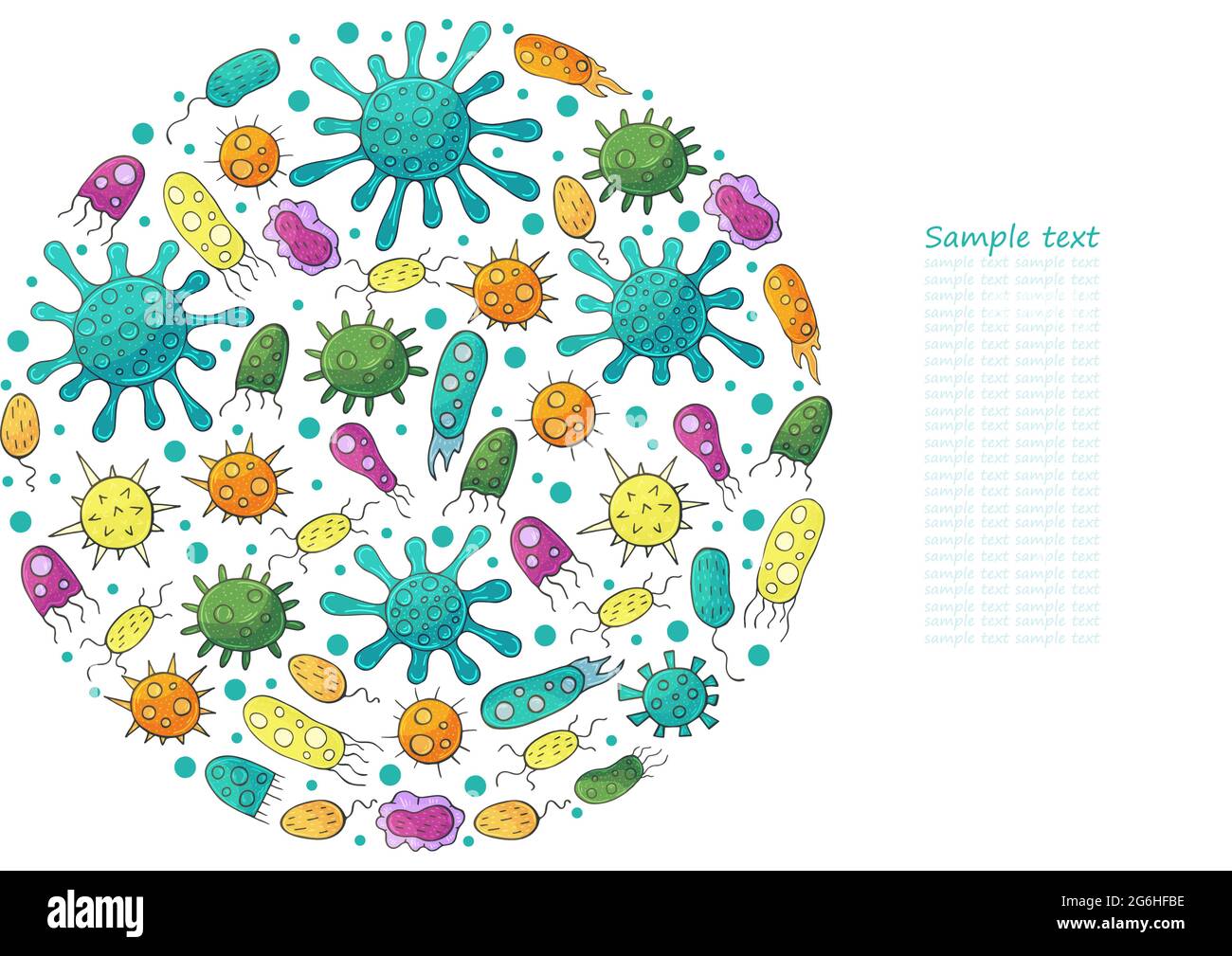 Round vector set of design elements, text. Set of cartoon microbes in ...