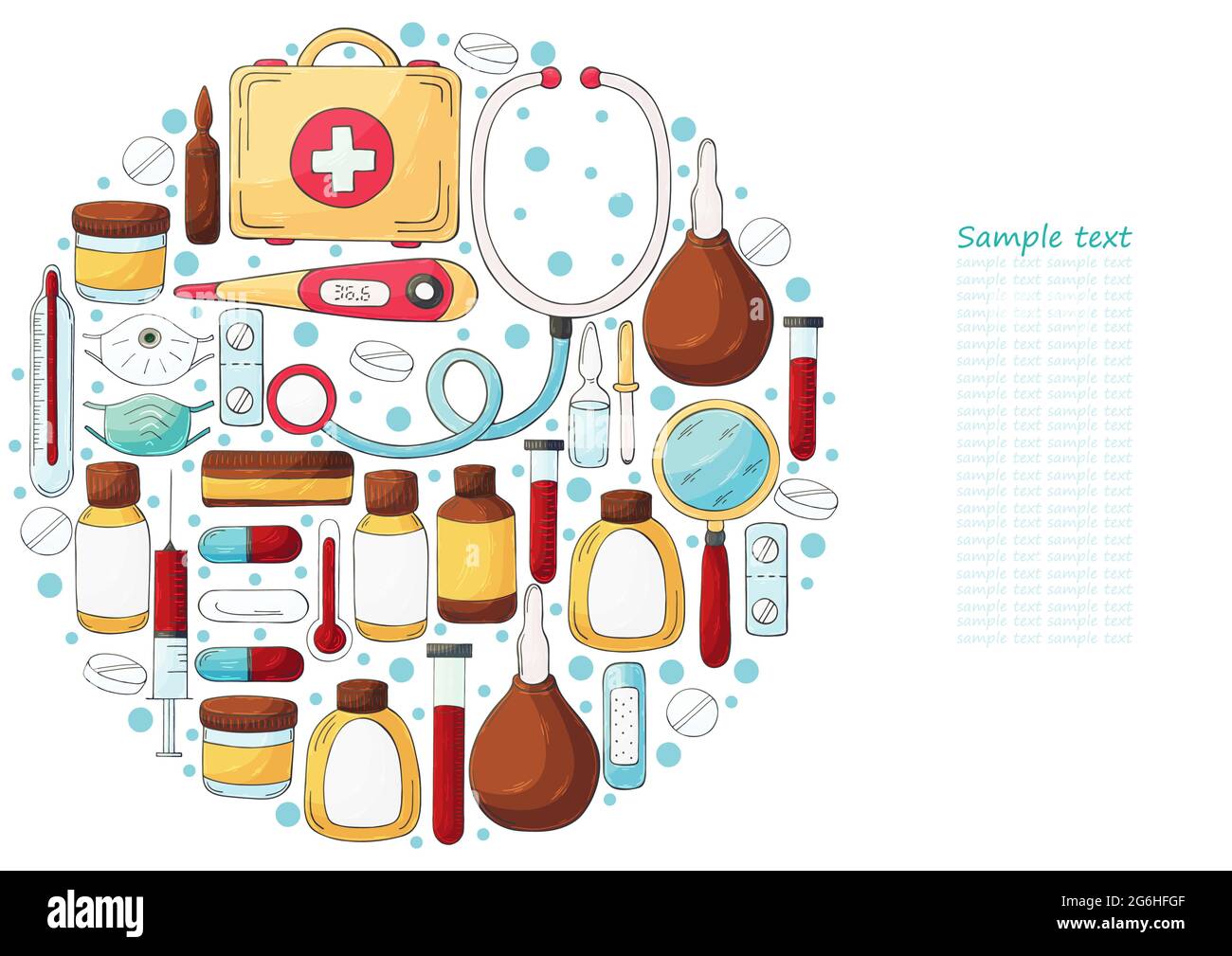 Round collection of vector illustrations, text. Set of doctor's tools ...
