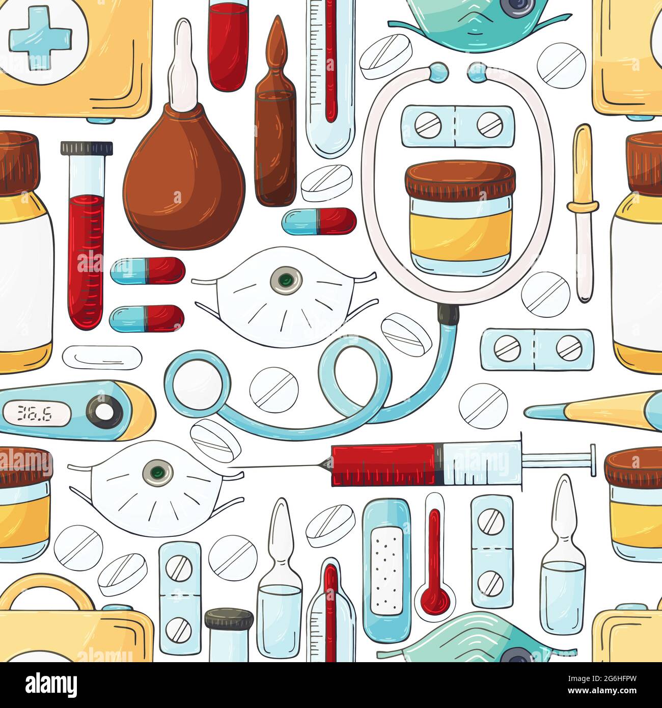 Seamless pattern on a white background. Cartoon medical instruments in ...