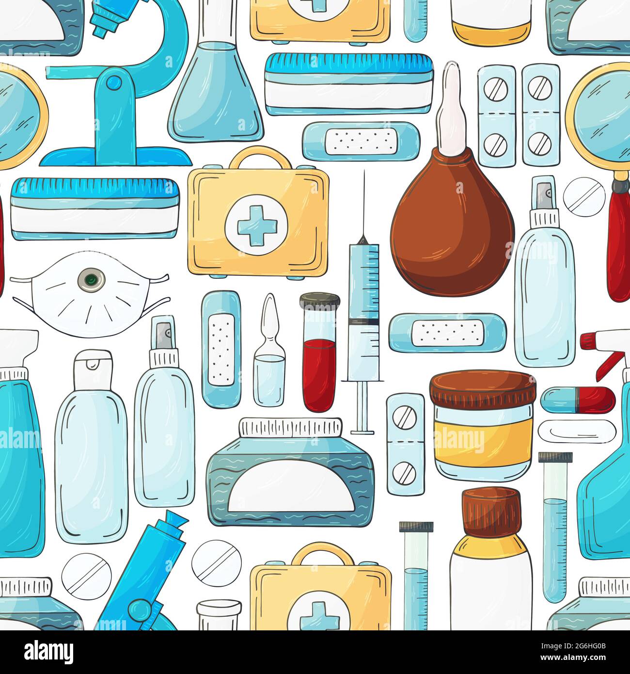 Seamless pattern on a white background. Cartoon medical instruments in ...