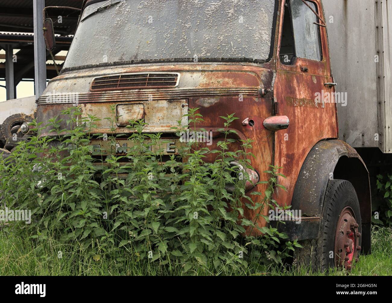 Abandoned Vintage Commer Lorry in a field with nettles growing out of ...
