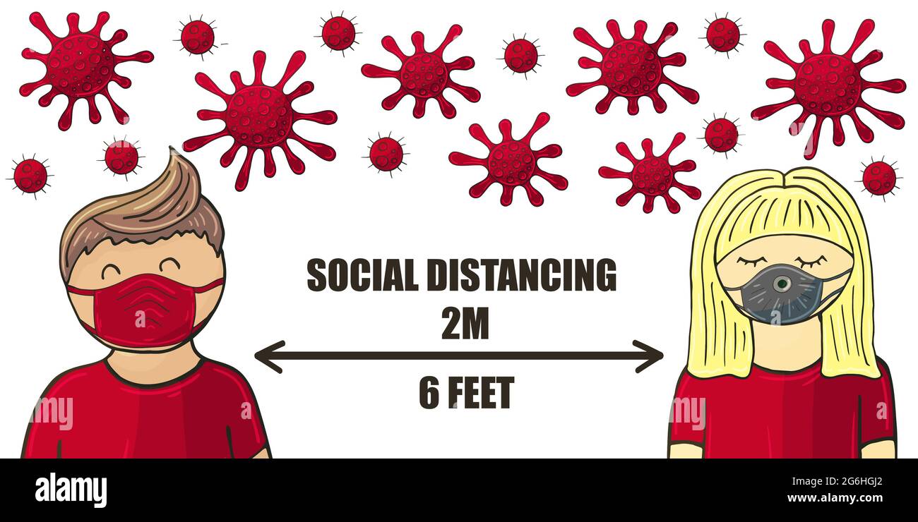 Social Distancing. Vector background. Cartoon man and woman observe ...