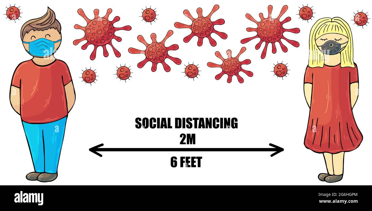 Coronavirus prevention background. Cartoon man and woman observe social ...