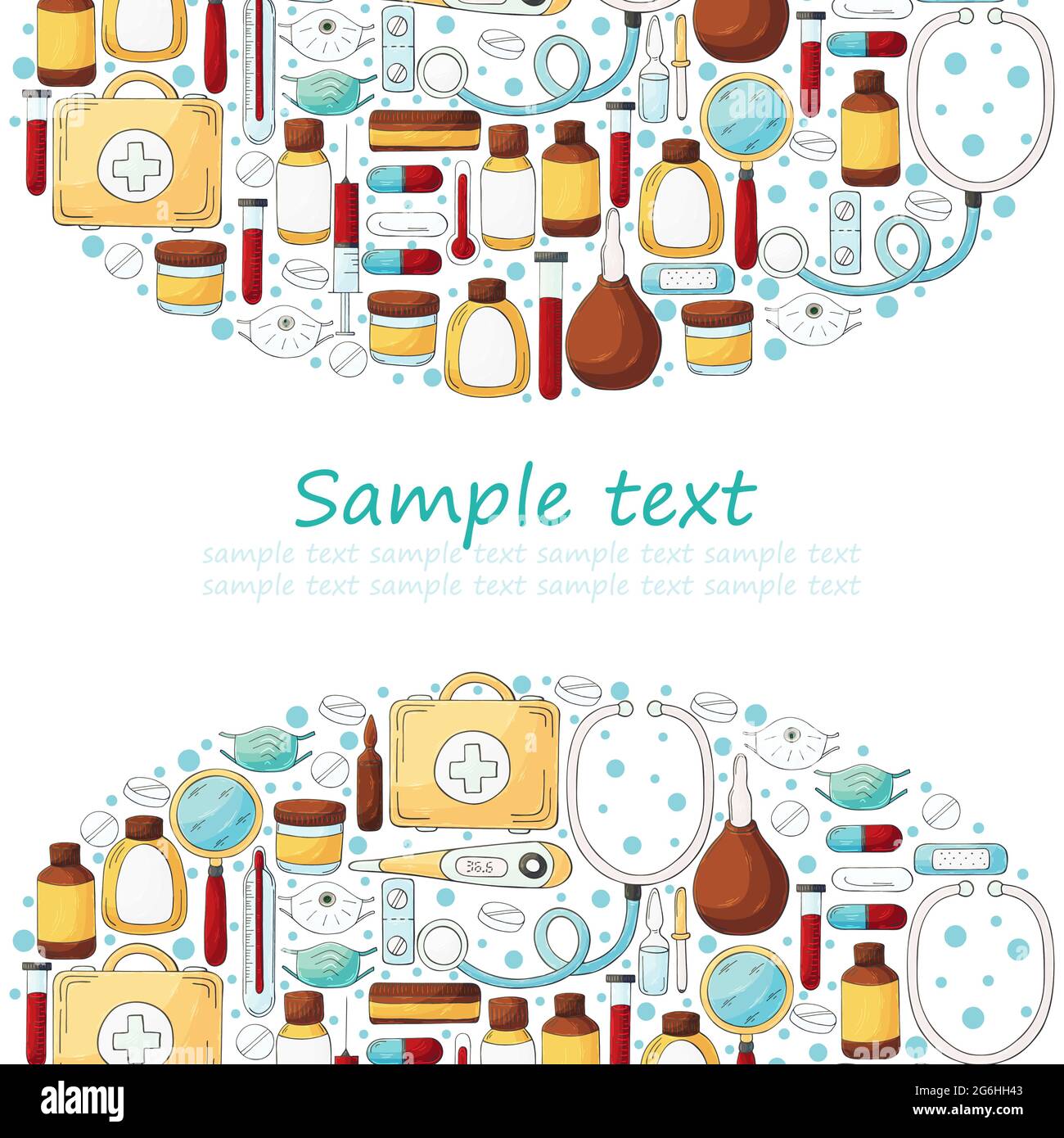 Oval frame from vector illustrations, text. Set of doctor's tools in ...