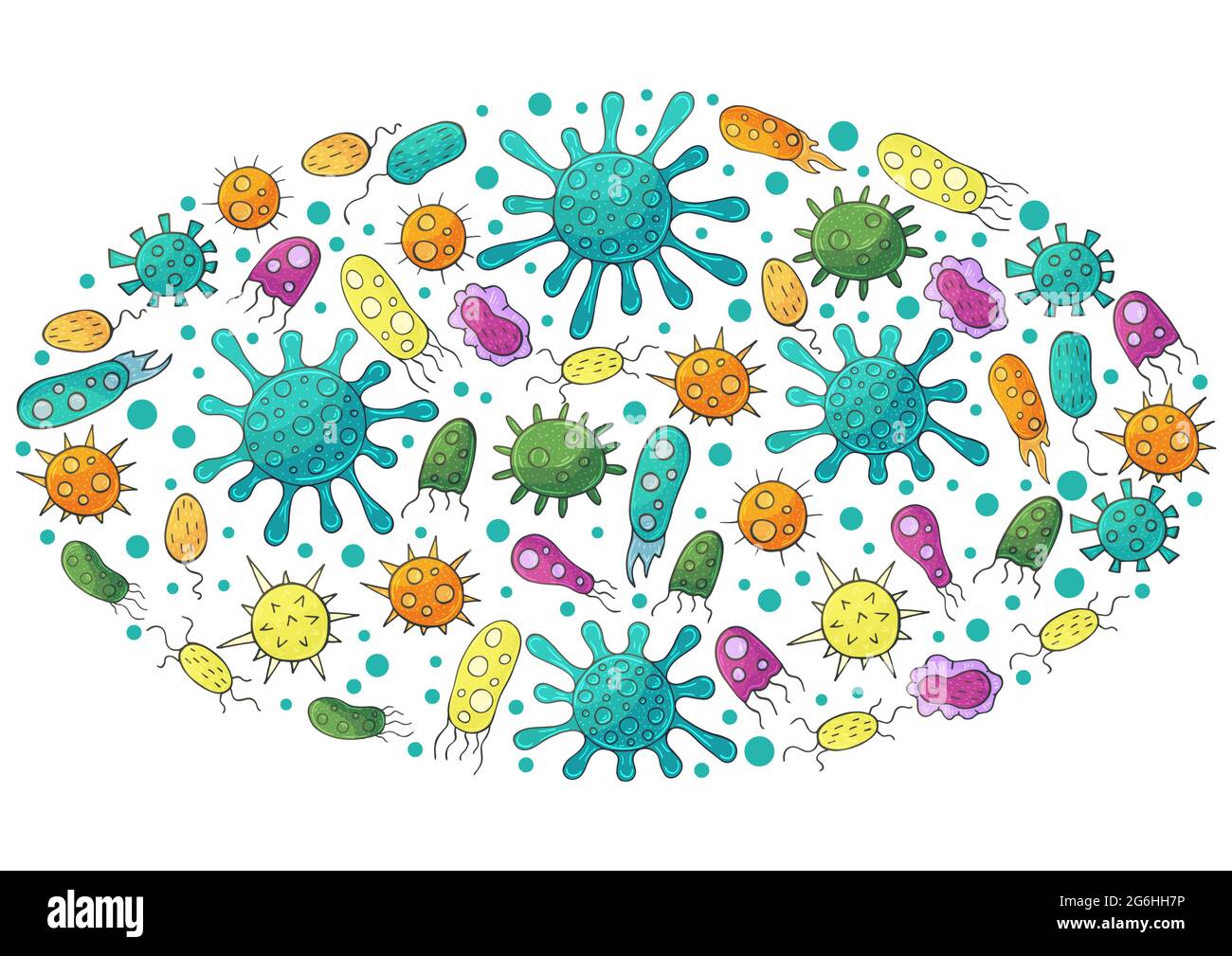 Oval vector set of design elements. Set of cartoon microbes in hand ...