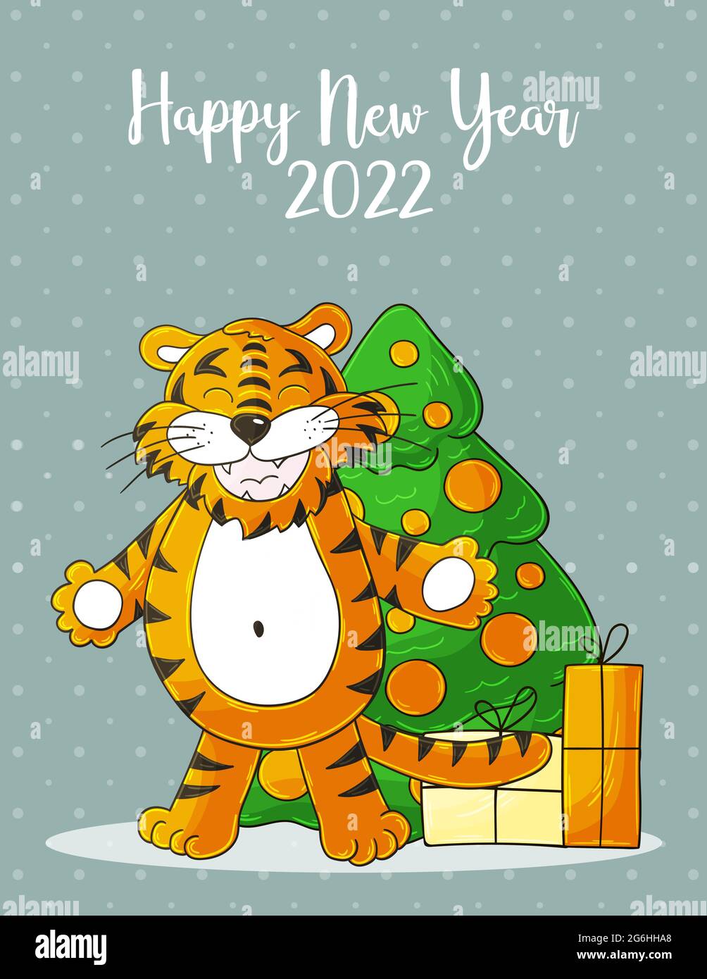 New year 2022. Symbol of 2022. New Year card in hand draw style ...