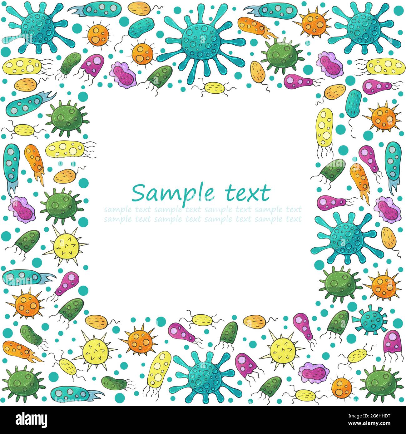 Square frame made of vector elements. Set of cartoon microbes in hand ...