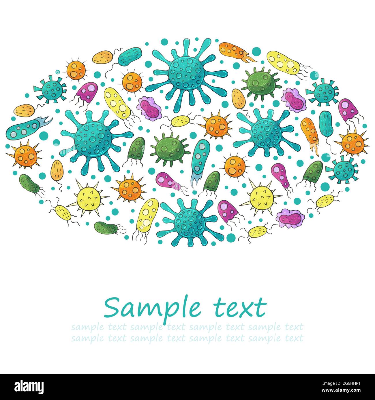 Oval vector set of design elements, text. Set of cartoon microbes in ...