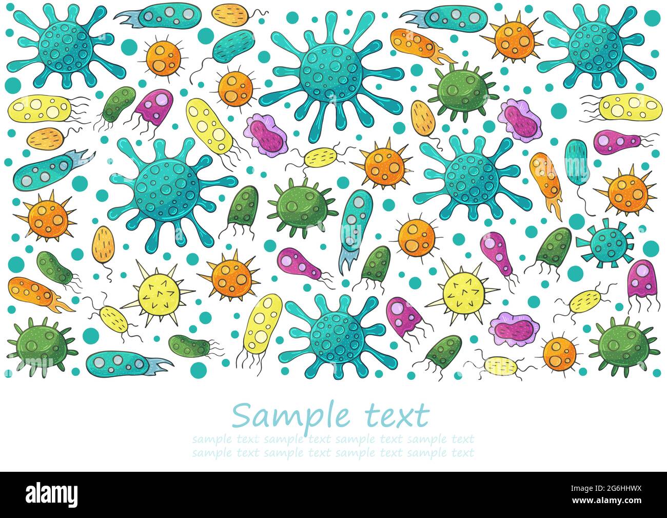 Rectangular flyer, banner. Set of cartoon microbes in hand draw style ...