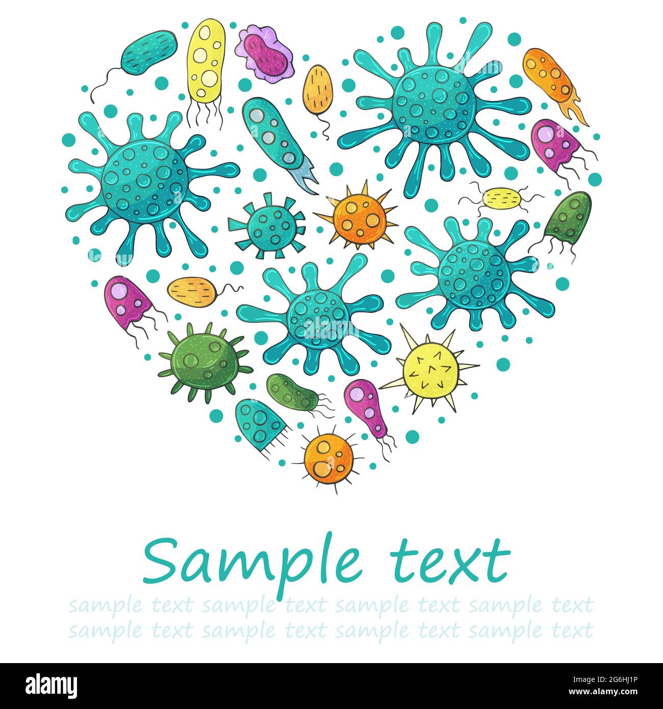 Heart vector set of design elements, text. Set of cartoon microbes in ...