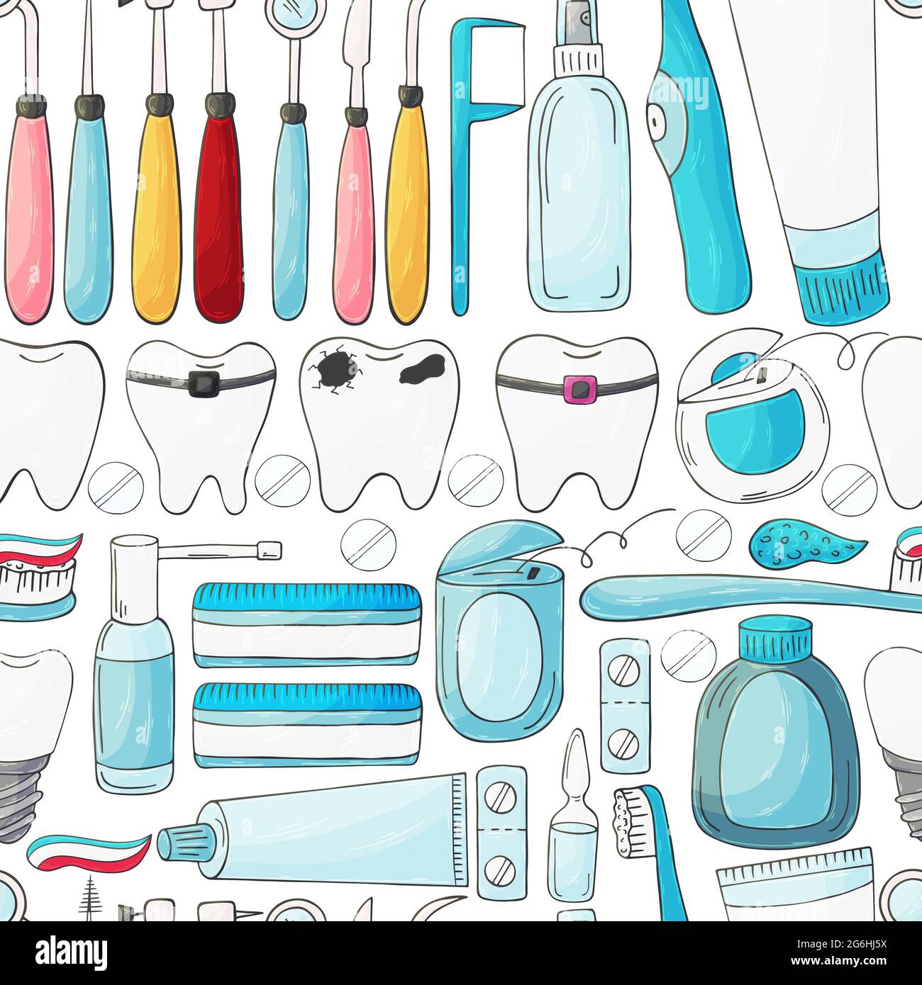 Seamless pattern on a white background. Cartoon elements in hand draw ...