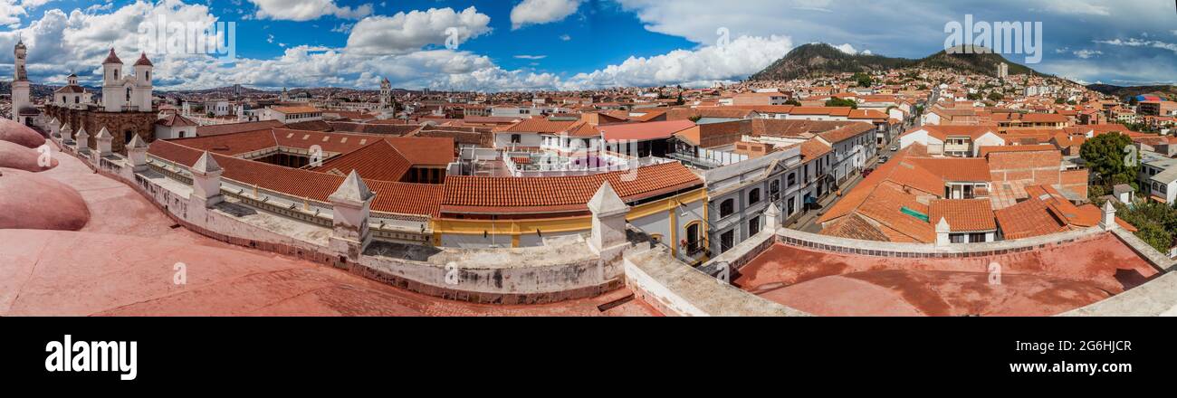 Aerial view of Sucre, capital of Bolivia taken from the roof of Templo ...