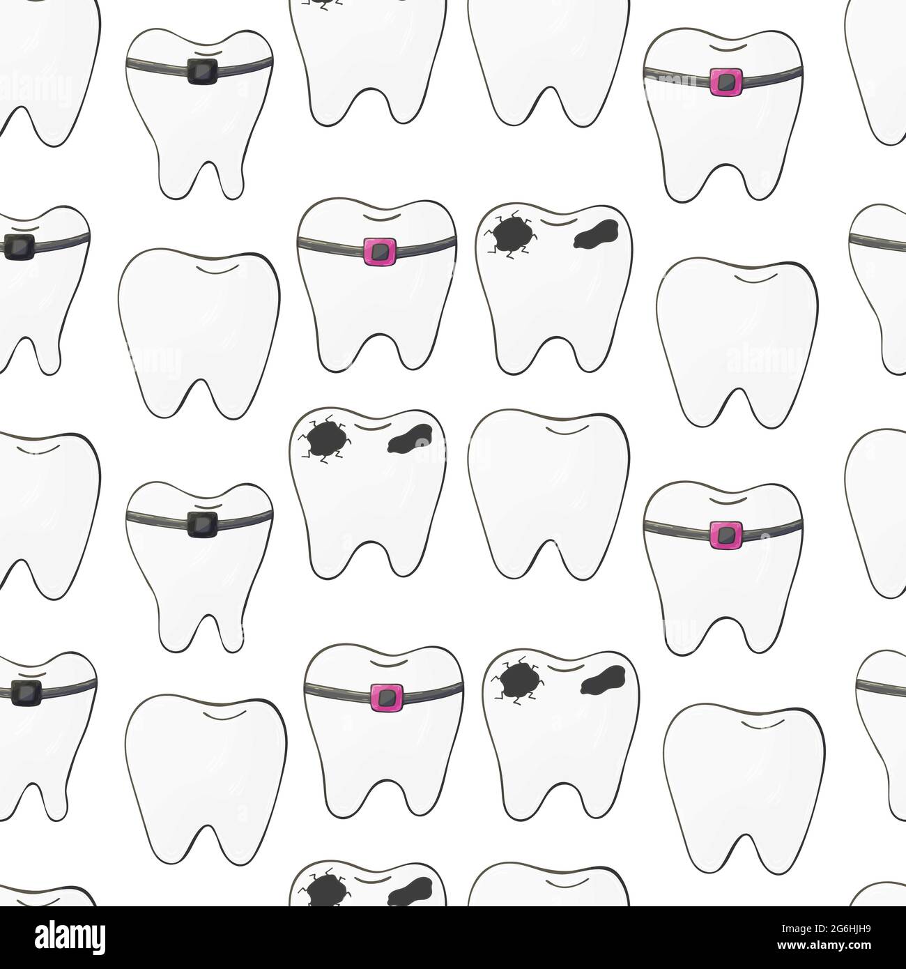 Seamless pattern on a white background. Cartoon teeth in hand draw ...