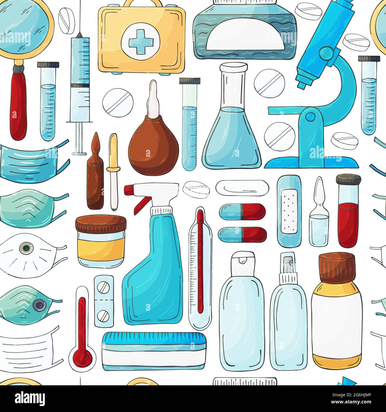 Seamless pattern on a white background. Cartoon medical instruments in ...