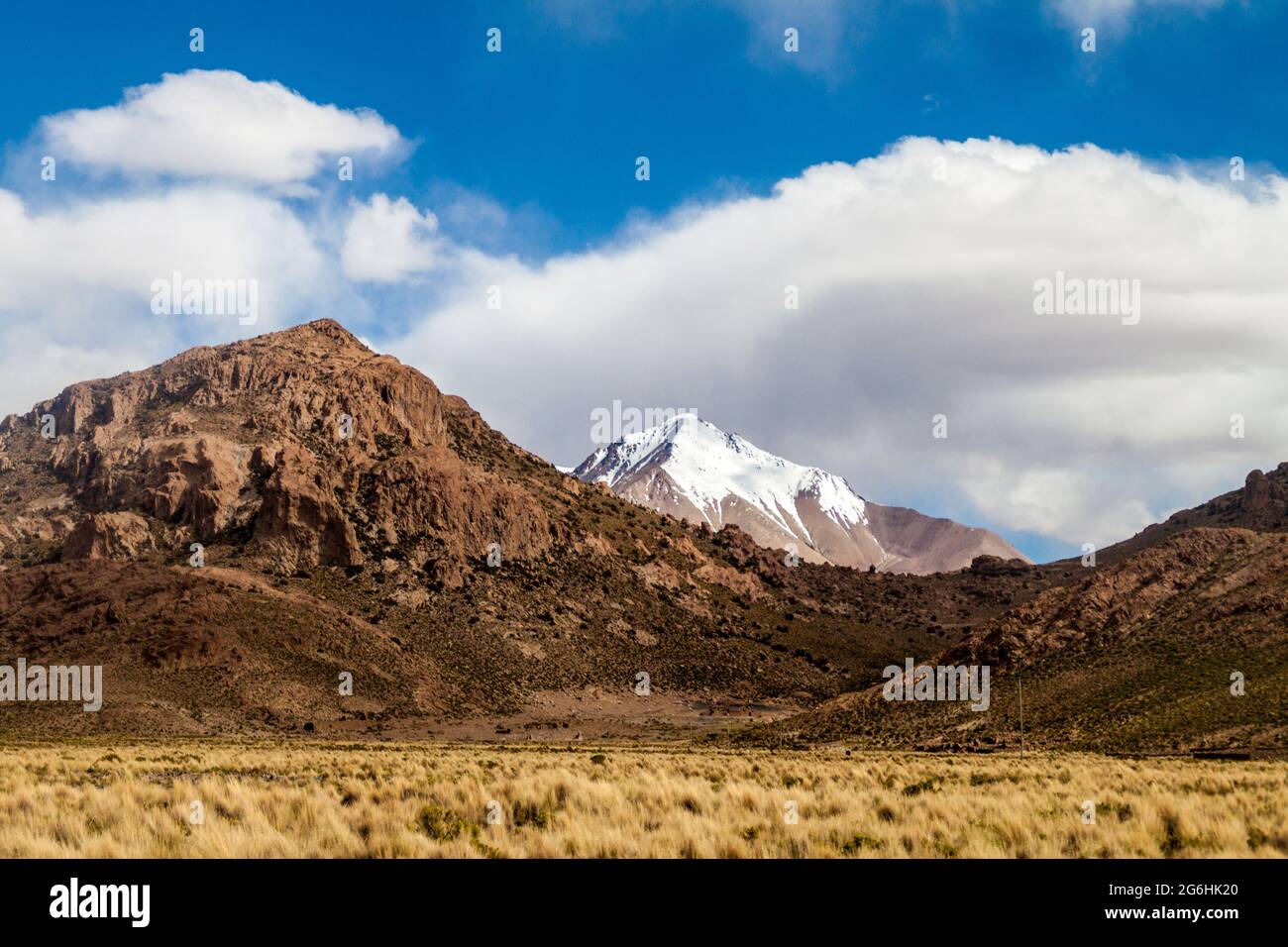 Snow covered mountain soaring from altiplano in Bolivia Stock Photo - Alamy