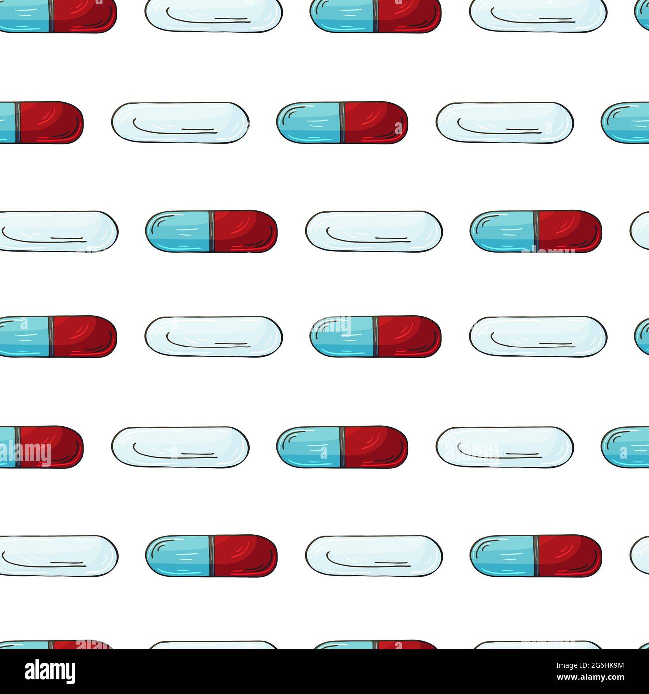 Seamless pattern on a white background. Cartoon medical drugs in hand ...