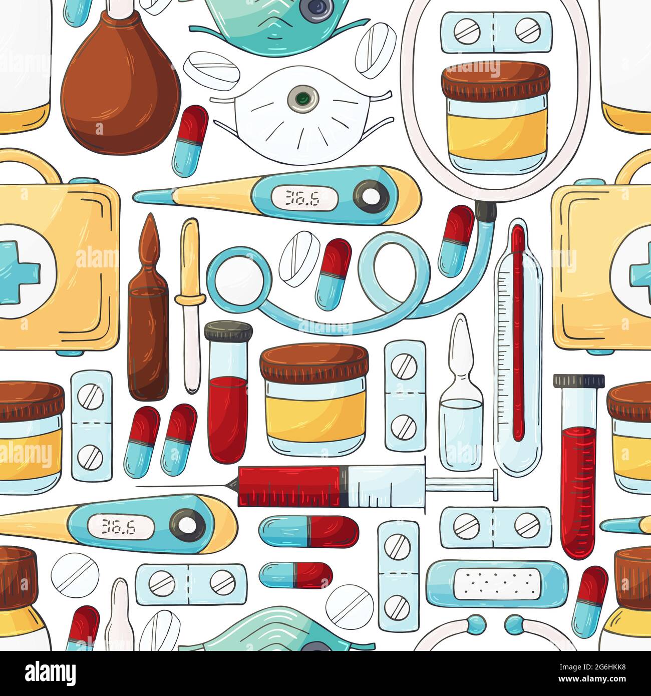 Seamless pattern. Cartoon medical instruments in hand draw style. Masks ...
