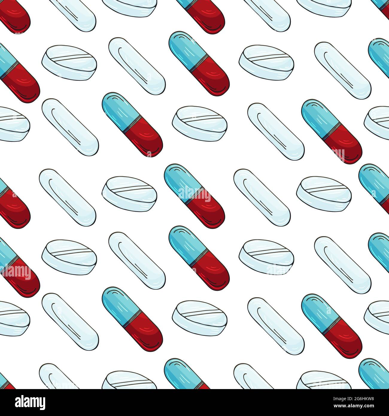Vector Seamless pattern on a white background. Cartoon medical drugs in ...