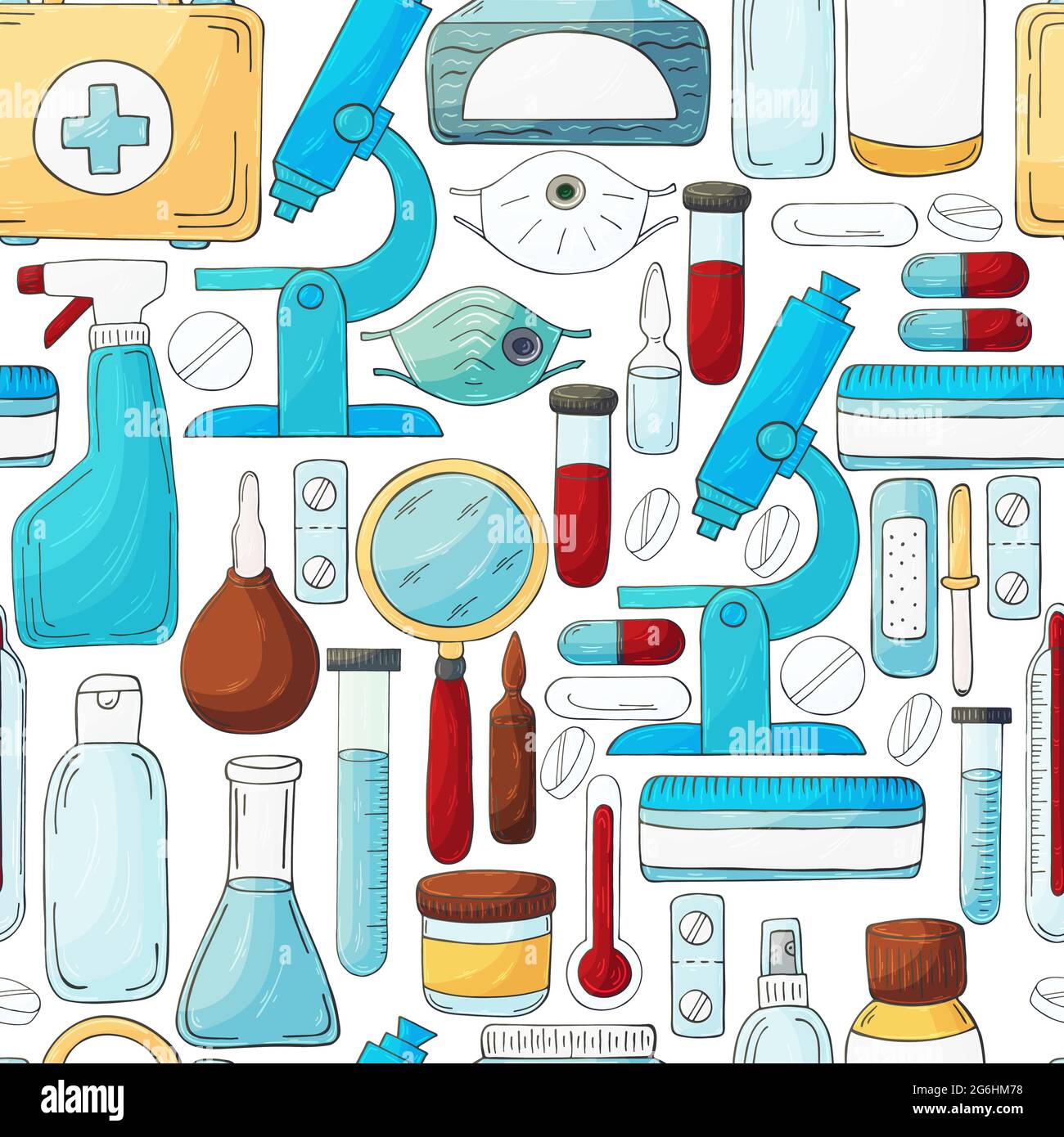 Seamless pattern on a white background. Cartoon medical instruments in ...