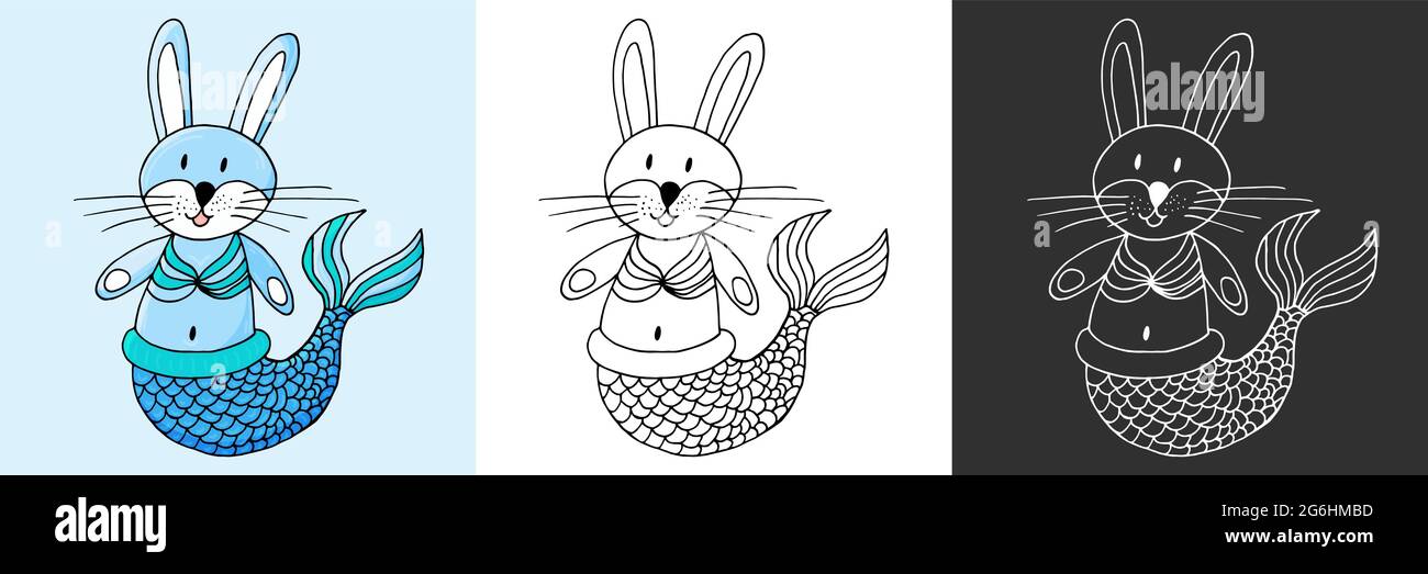 Icon set. Bunny mermaid. Marine theme icon in hand draw style. Cute ...