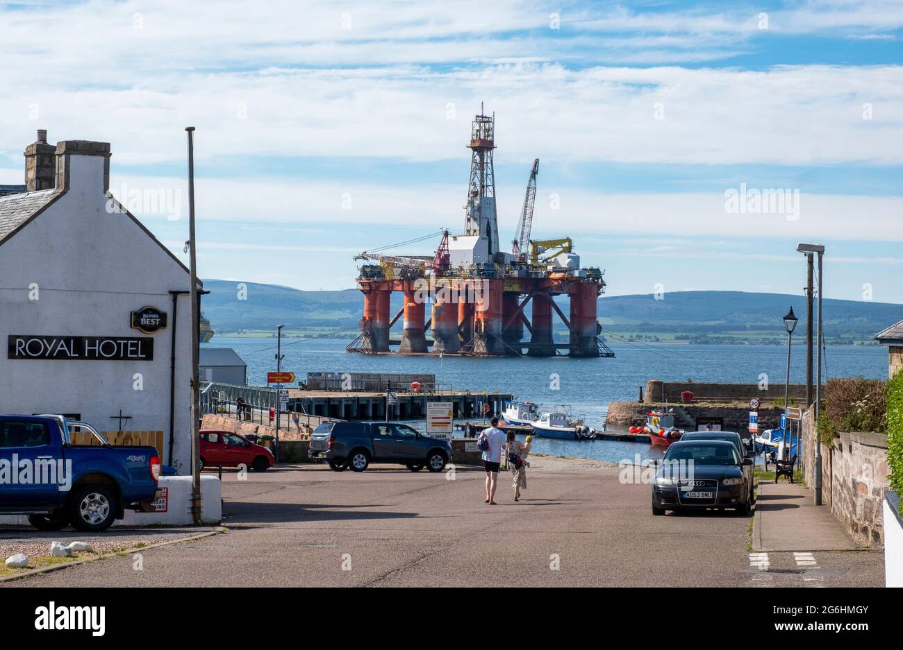 View looking along Bank Street, Cromarty village towards Nigg Bay and ...