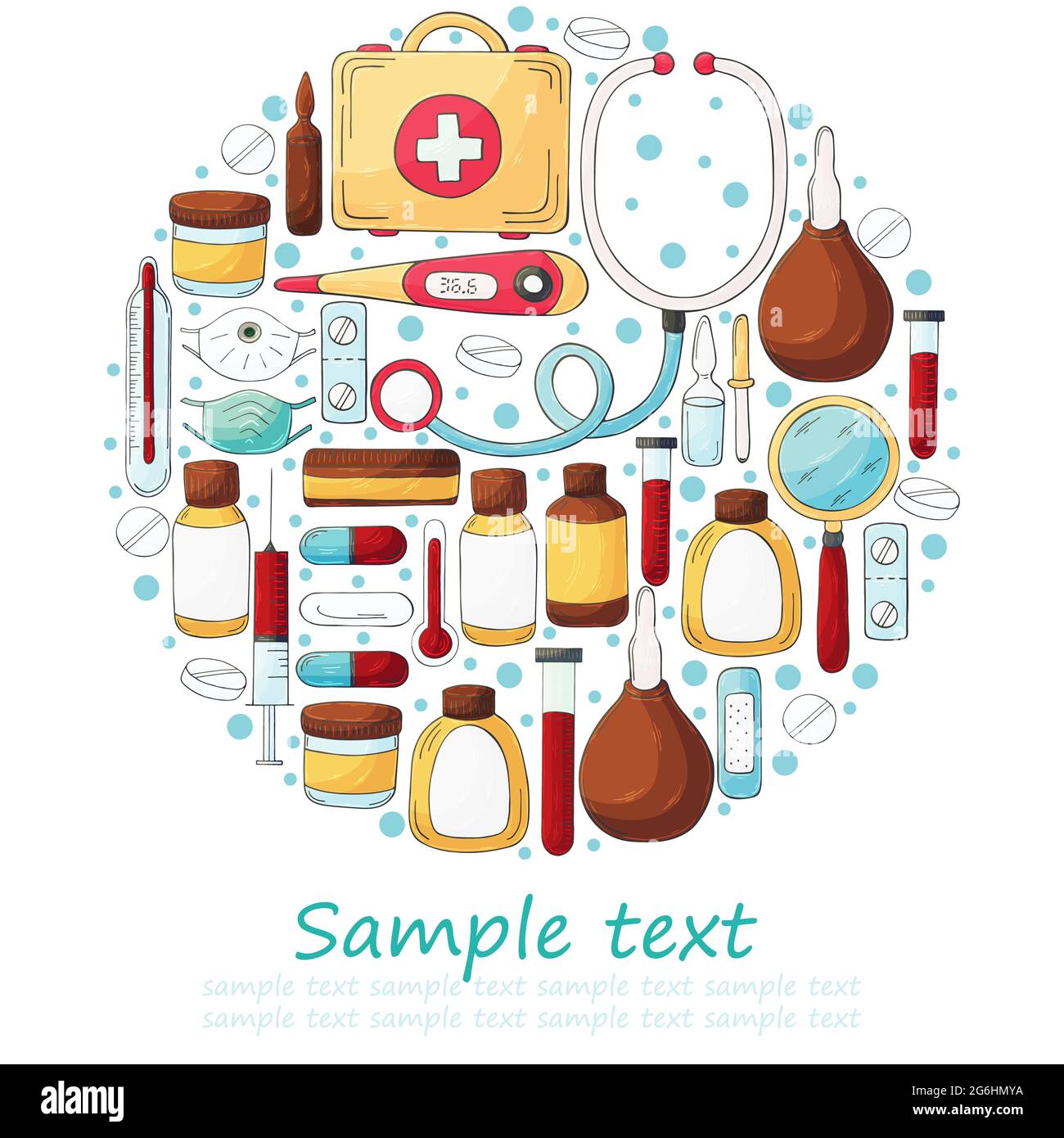Round collection of vector illustrations, text. Set of doctor's tools ...