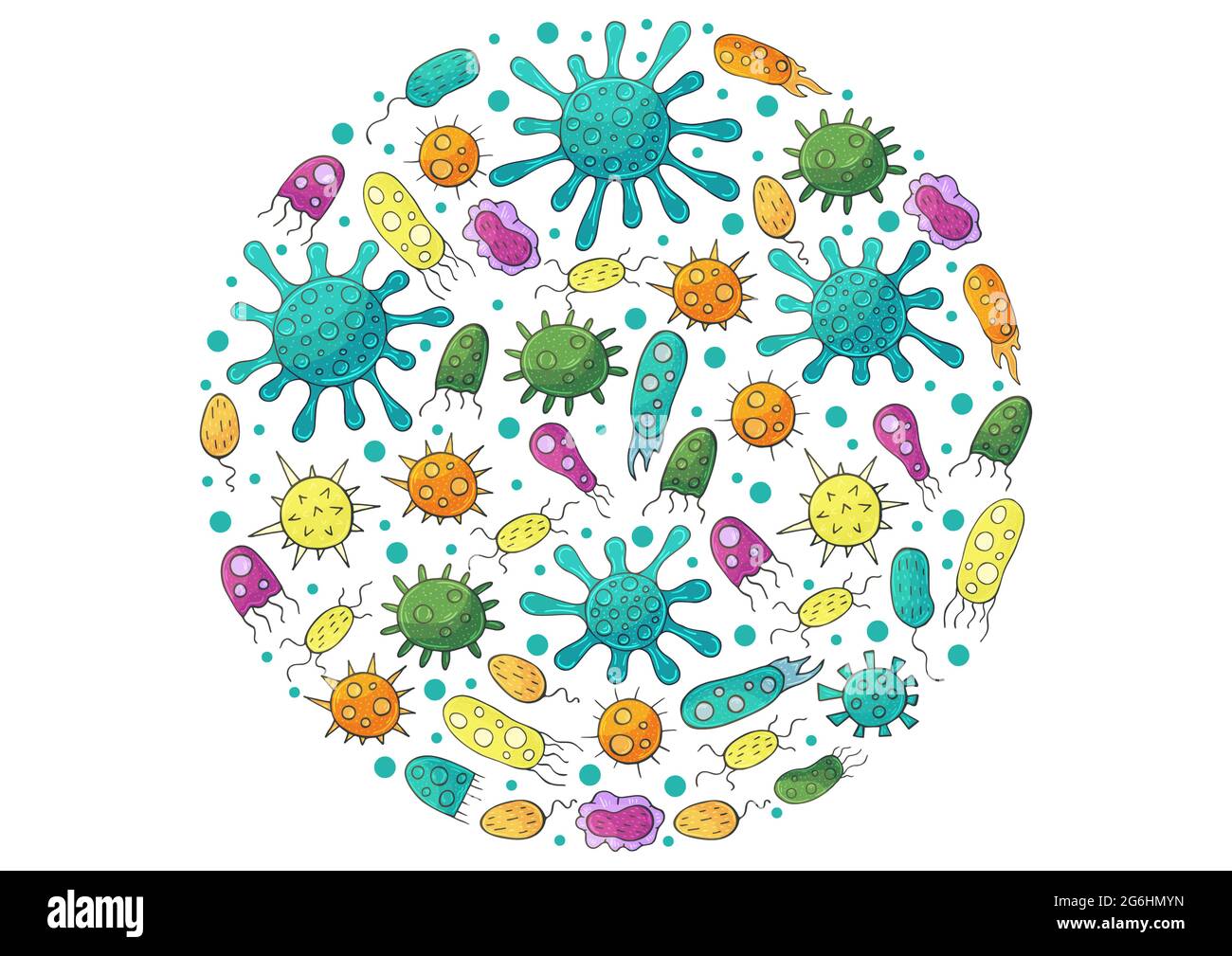 Round vector set of design elements. Set of cartoon microbes in hand ...