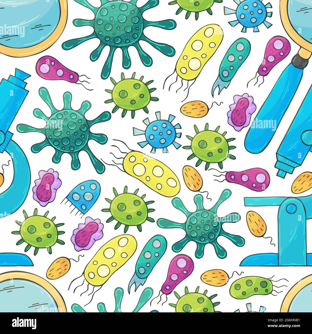 Seamless pattern bacteria and microbes. Search for viruses, microscope ...