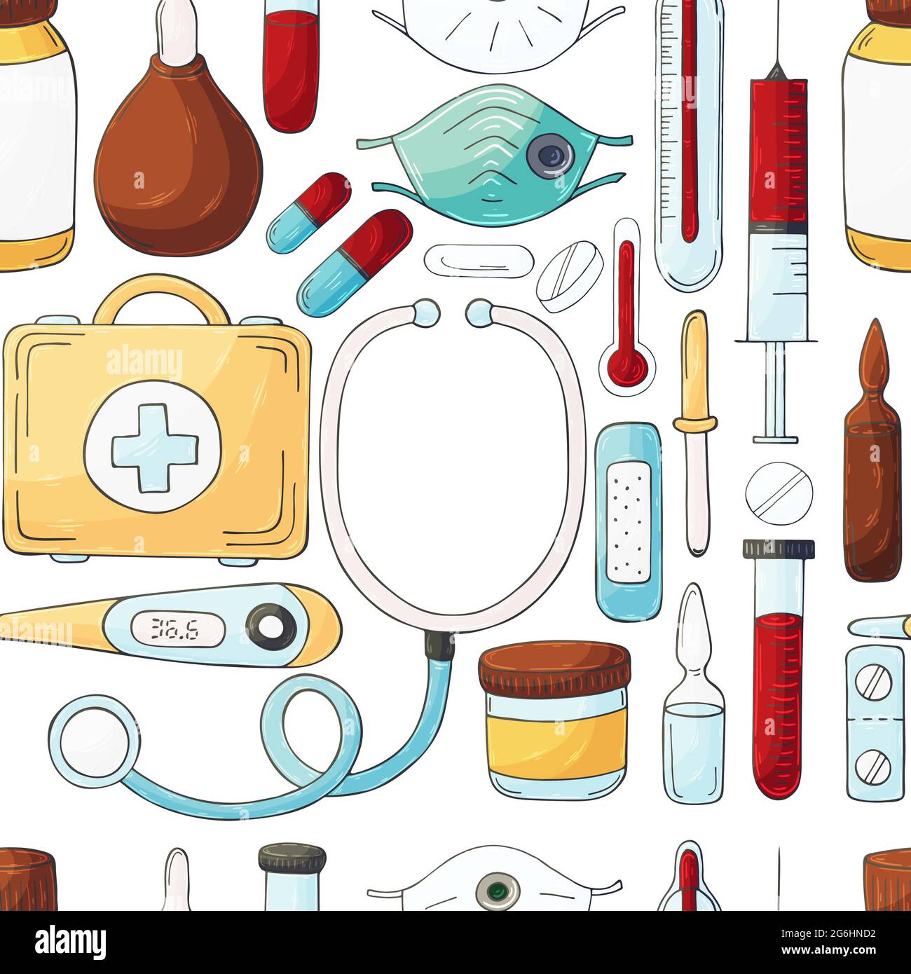Seamless pattern on a white background. Cartoon medical instruments in ...