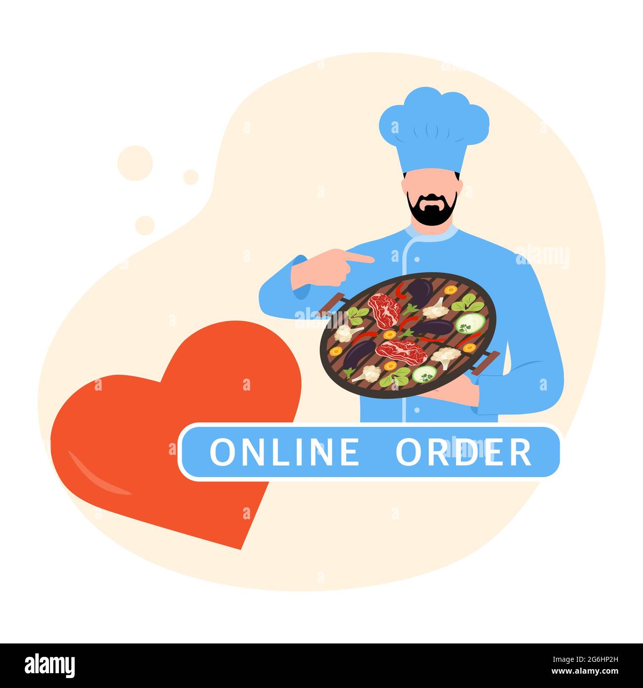 Vector illustration Online order. Chef offers to grill food. Ordering ...