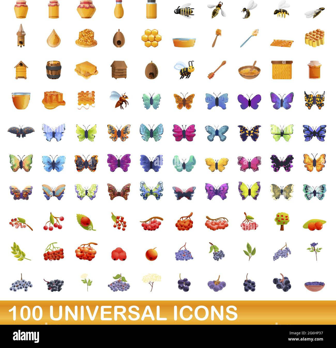 100 universal icons set. Cartoon illustration of 100 universal icons ...