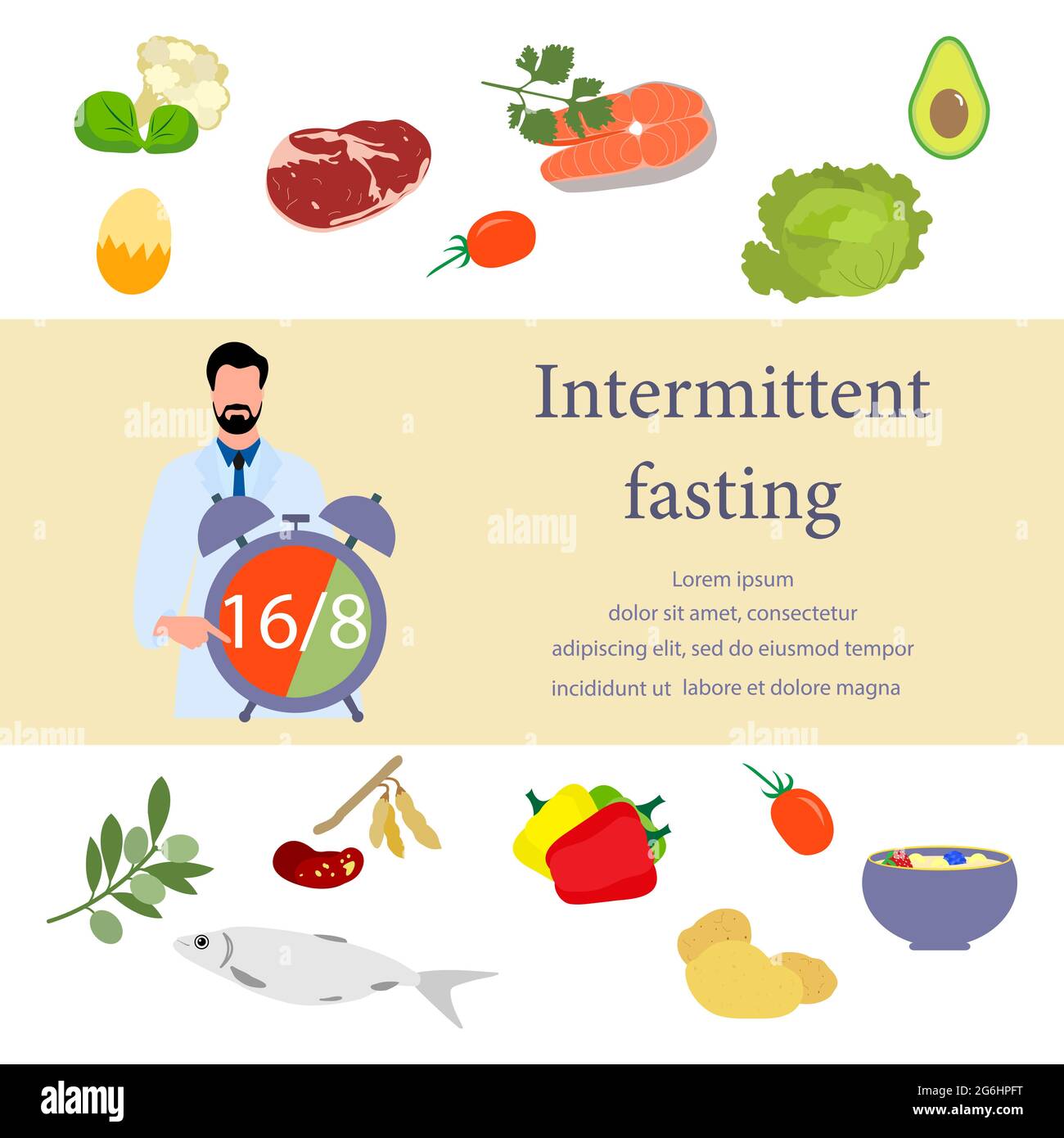 Vector illustration Nutrition Consultant explains Intermittent Fasting ...