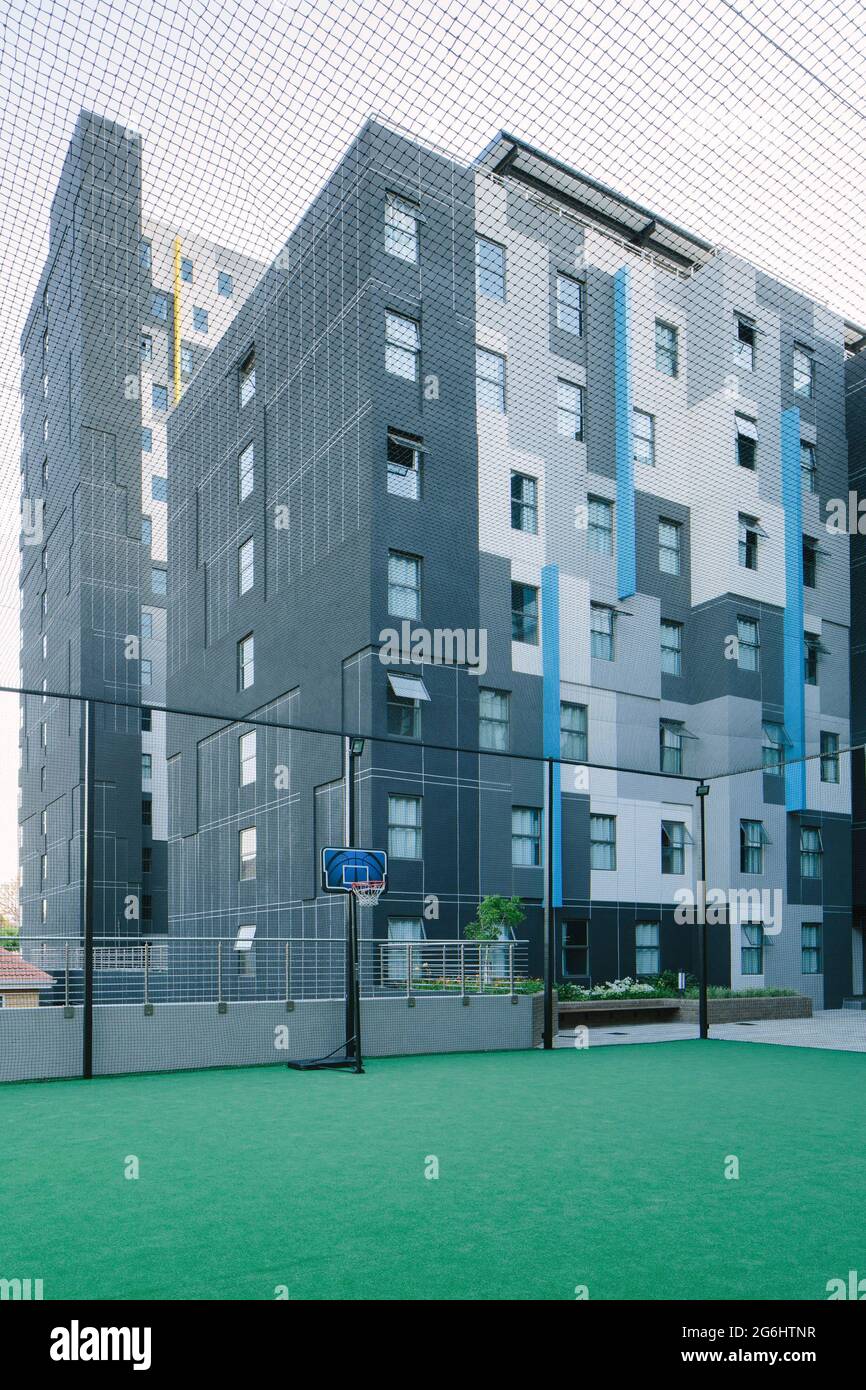 Residence buildings seen from the sports facilities. Hatfield Square ...