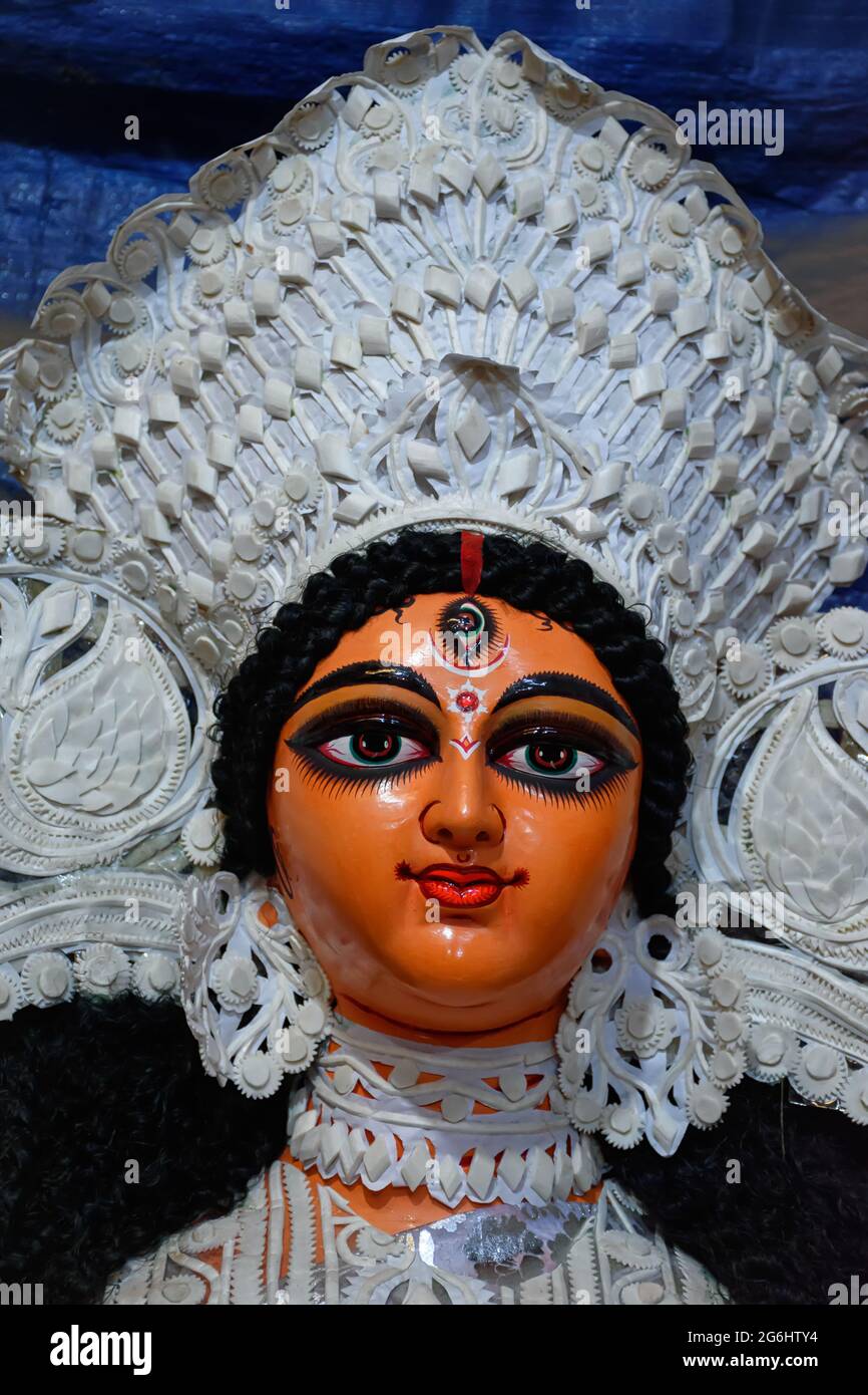 Close up shot of Goddess Devi Durga, before upcoming Durga Puja at a ...