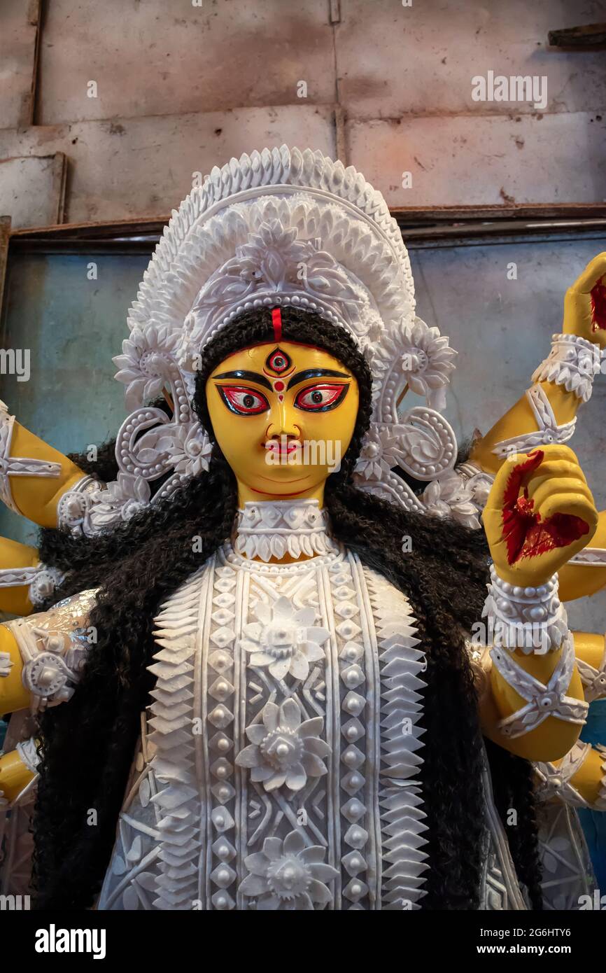 Close up shot of Goddess Devi Durga, before upcoming Durga Puja at a ...